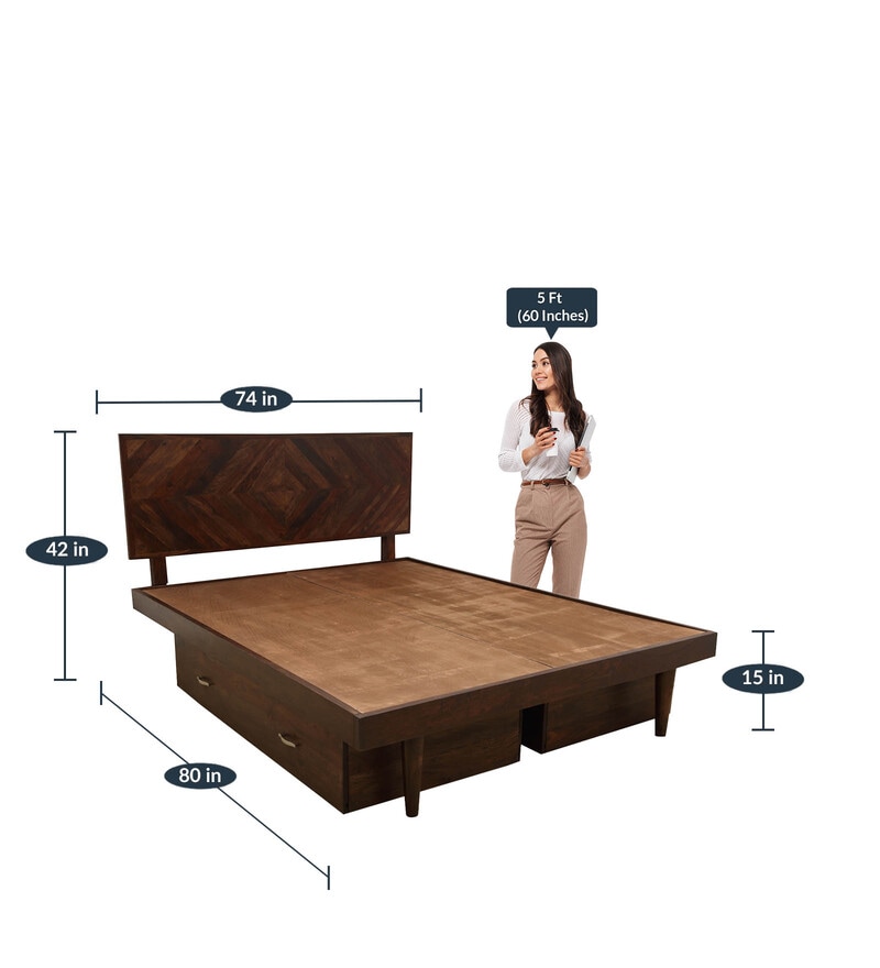 Square Diamond King Size Bed With Drawer Storage In Walnut Finish ...